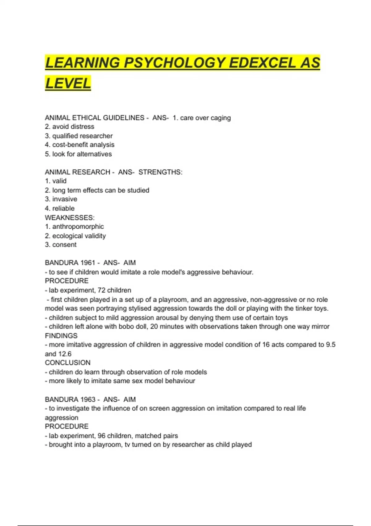 LEARNING PSYCHOLOGY EDEXCEL AS LEVEL EXAM QUESTIONS WITH CORRECT ...