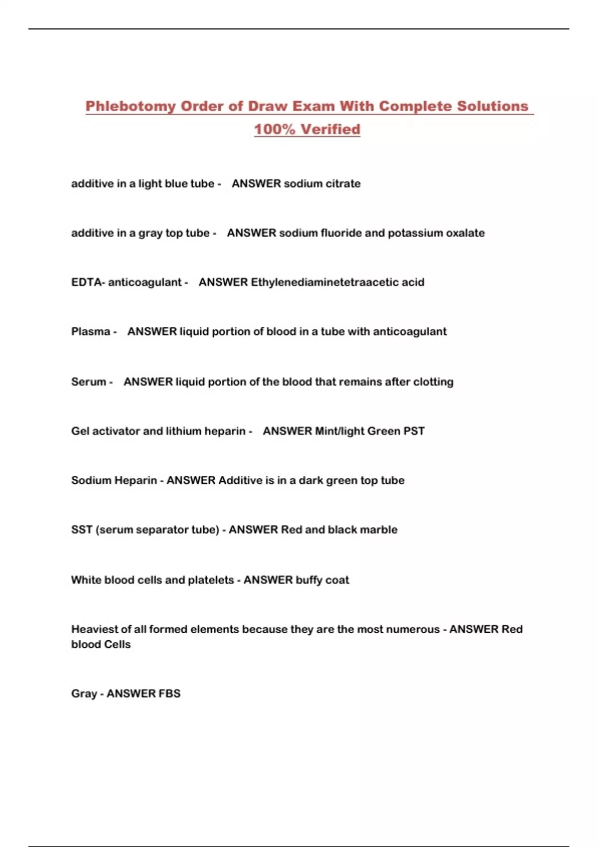 Phlebotomy Order of Draw Exam With Complete Solutions 100% Verified ...