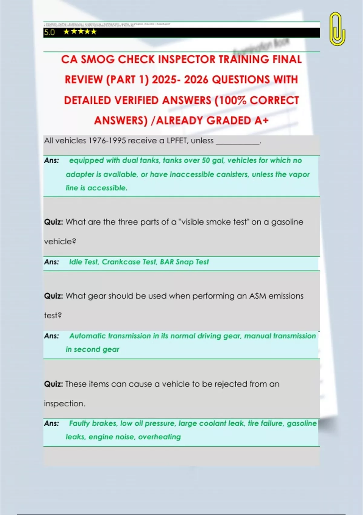 CA SMOG CHECK INSPECTOR TRAINING FINAL REVIEW (PART 1) QUESTIONS WITH ...