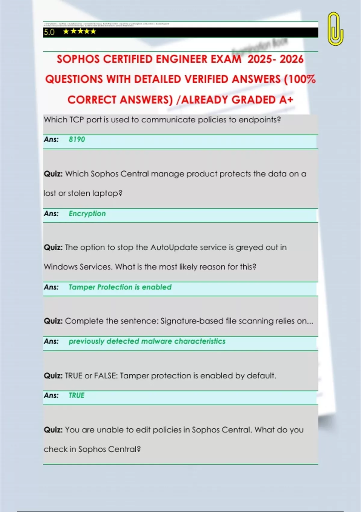 SOPHOS CERTIFIED ENGINEER EXAM QUESTIONS WITH DETAILED VERIFIED ANSWERS ...