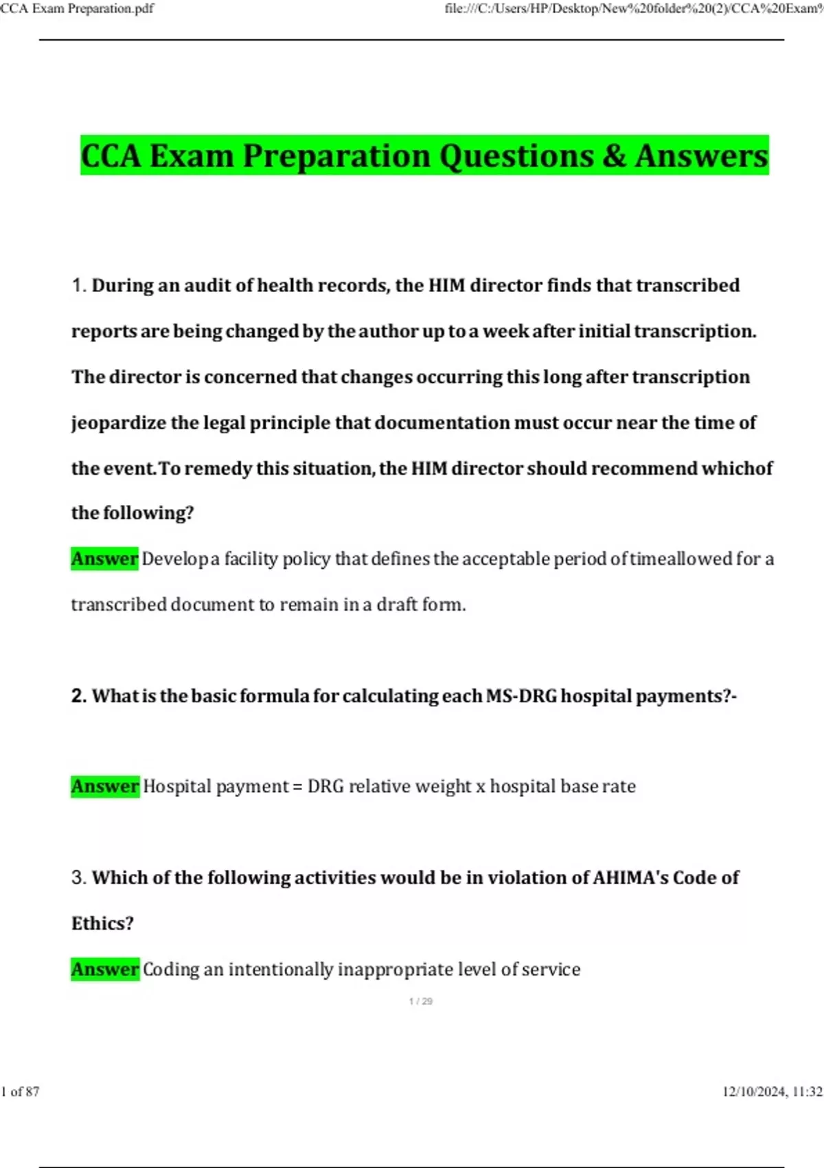 CCA Exam Preparation Latest 2025 Questions and Answers (2025 / 2026 ...