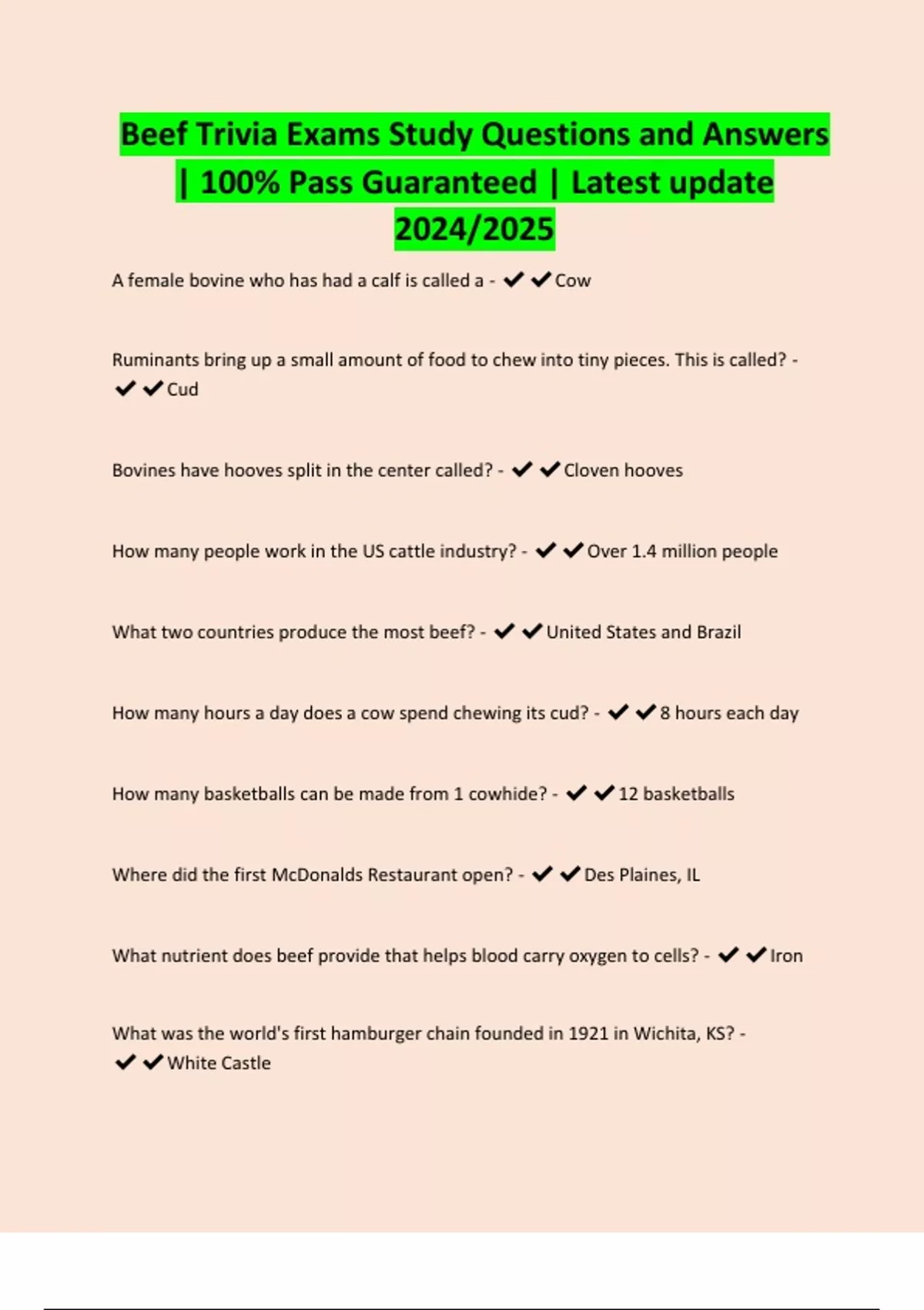 Beef Trivia Exams Study Questions and Answers | 100% Pass Guaranteed ...