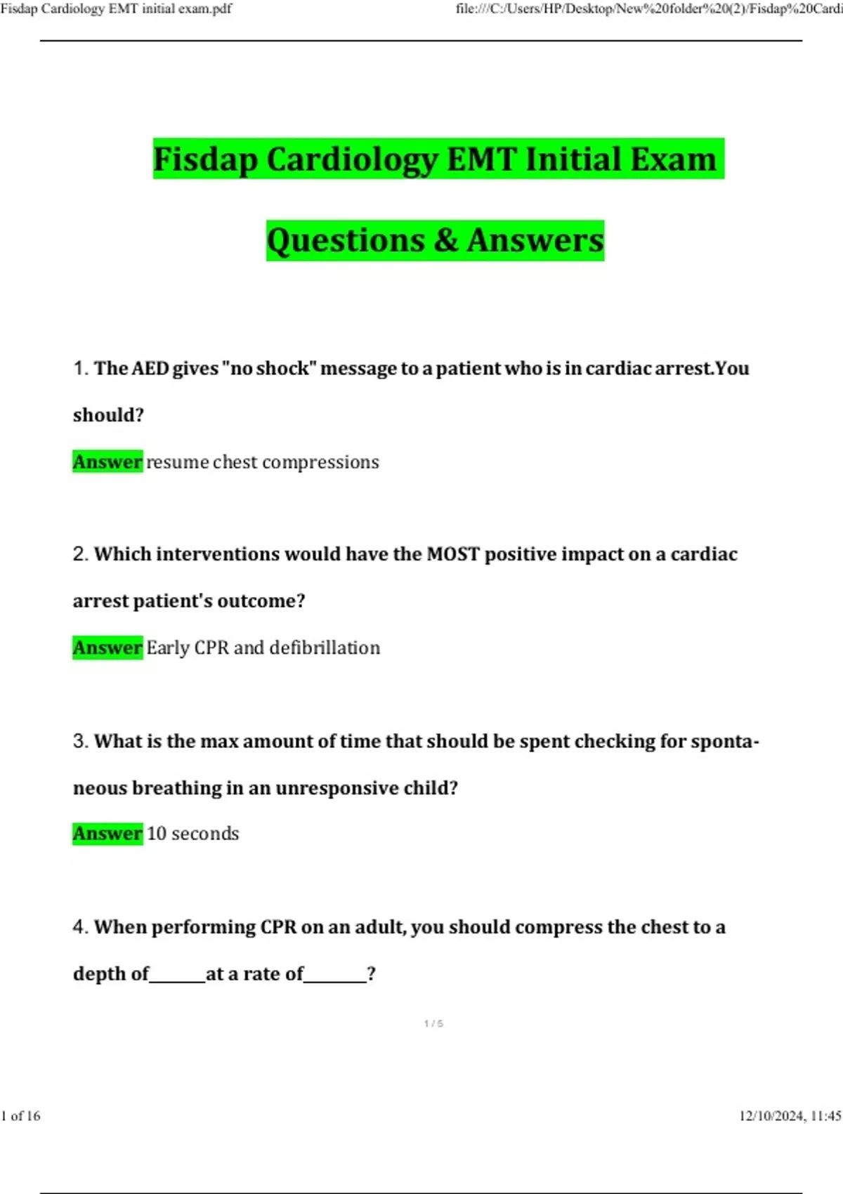 FISDAP EMT Cardiology Initial Exam Latest 2025 Questions and Answers ...