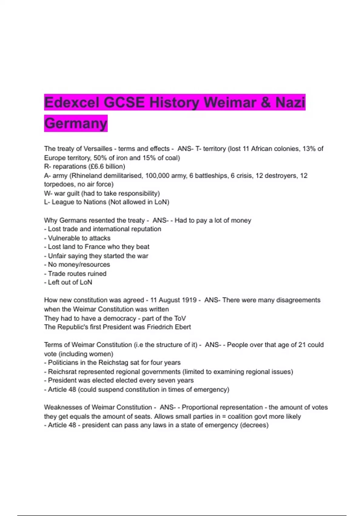 EDEXCEL GCSE History Weimar & Nazi Germany Exam Questions with complete ...