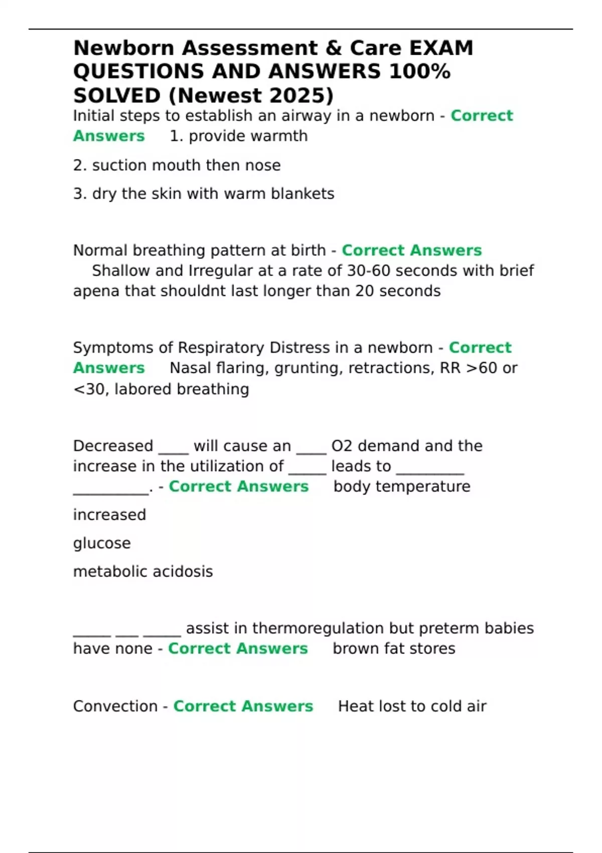 Newborn Assessment & Care EXAM QUESTIONS AND ANSWERS 100- SOLVED ...