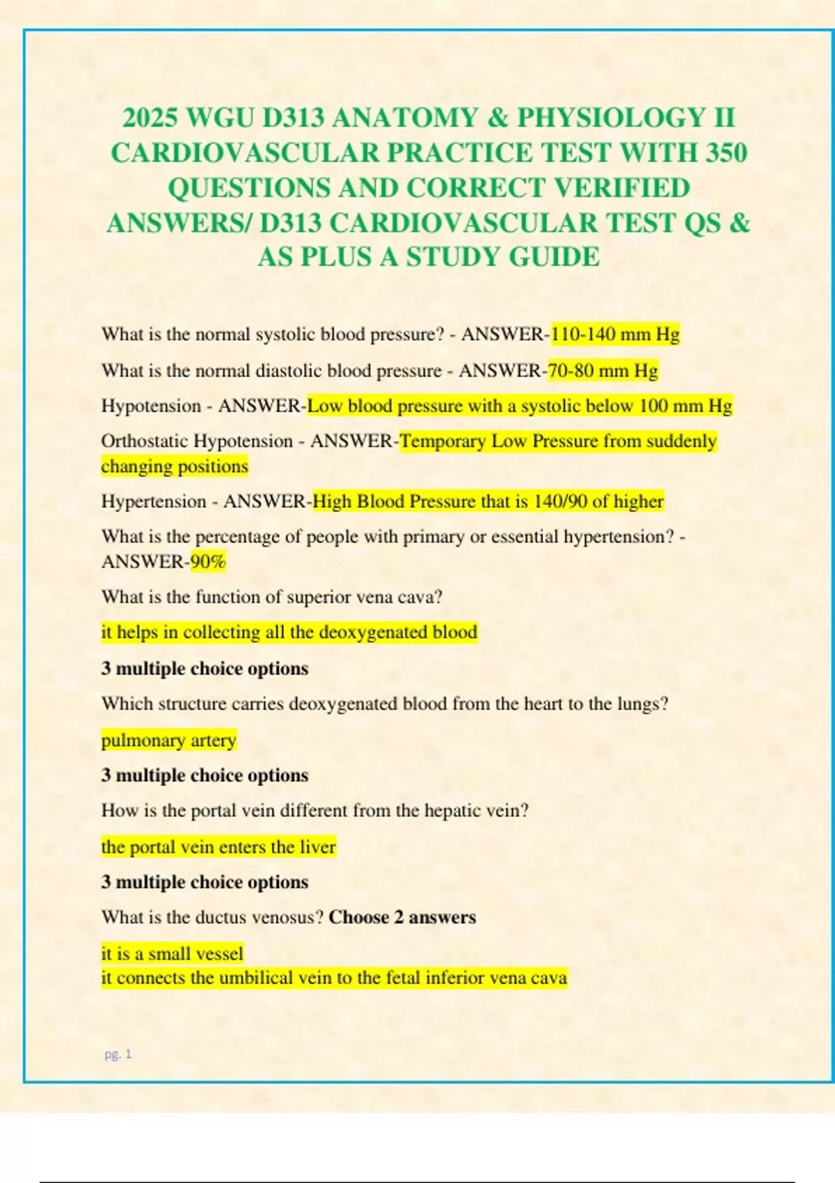 2025 WGU D313 ANATOMY & PHYSIOLOGY II CARDIOVASCULAR PRACTICE TEST WITH ...