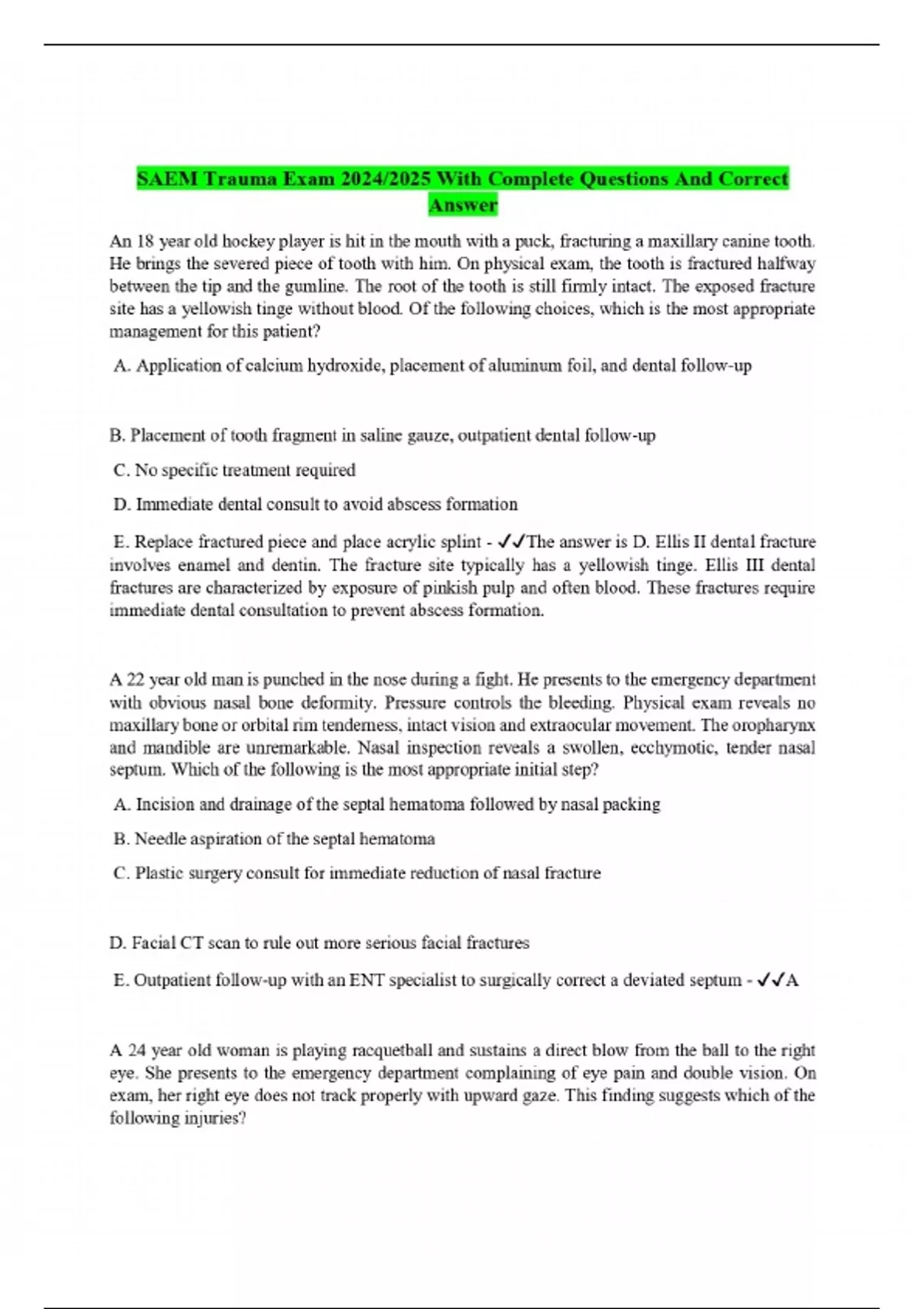 SAEM Trauma Exam 2024/2025 With Complete Questions And Correct Answer ...