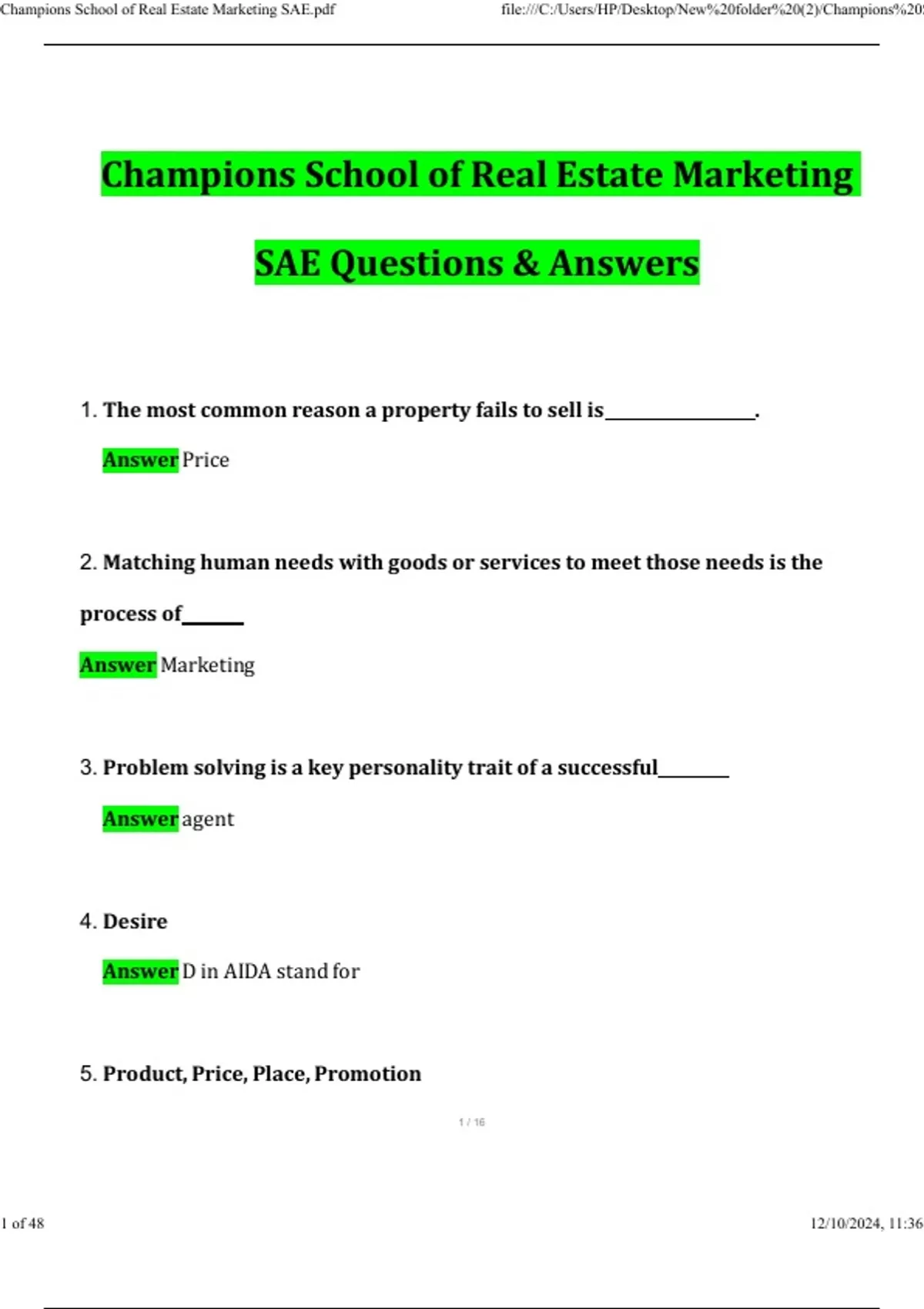 Champions School of Real Estate Marketing SAE Latest 2025 Questions and ...