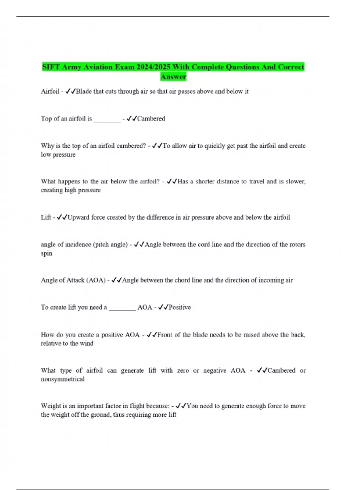 SIFT Army Aviation Exam 2024/2025 With Complete Questions And Correct ...