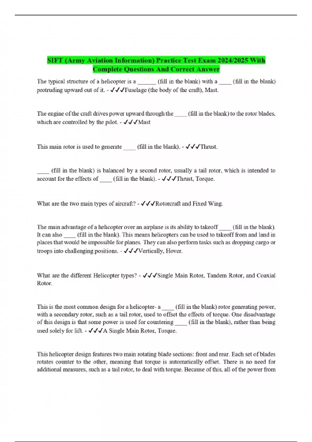 SIFT (Army Aviation Information) Practice Test Exam 2024/2025 With ...