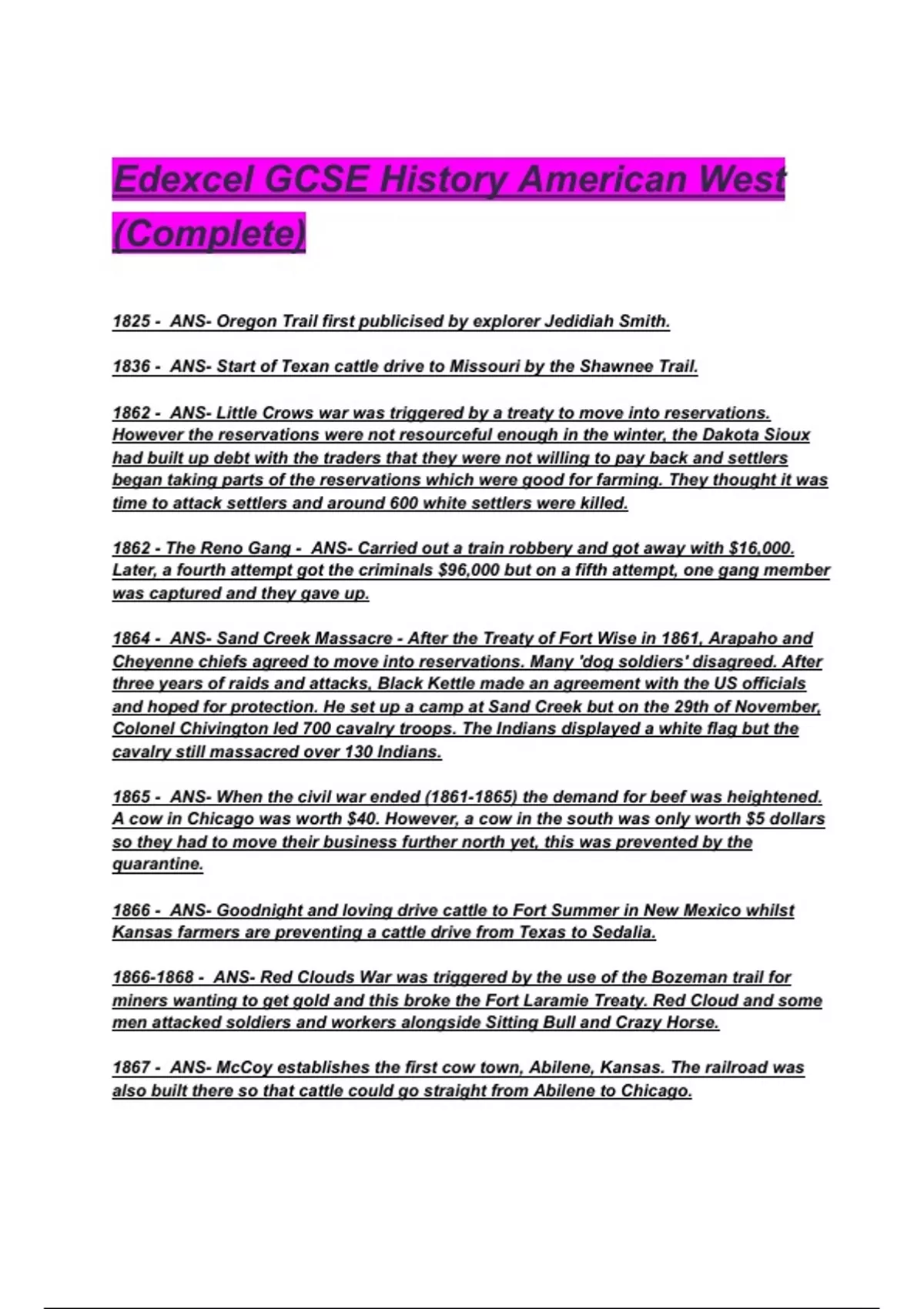 Edexcel GCSE History American West (Complete) Exam Questions and Answers 2025. - Edexcel GCSE ...