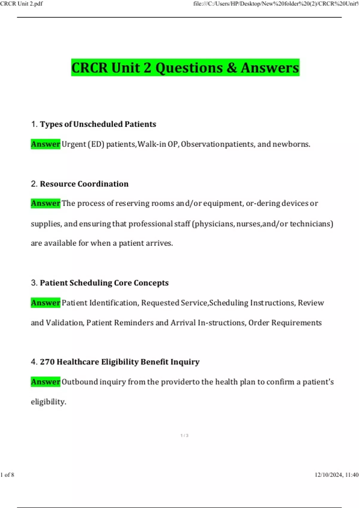 CRCR Unit 2 Latest 2025 Questions and Answers (2025 / 2026) (Verified ...