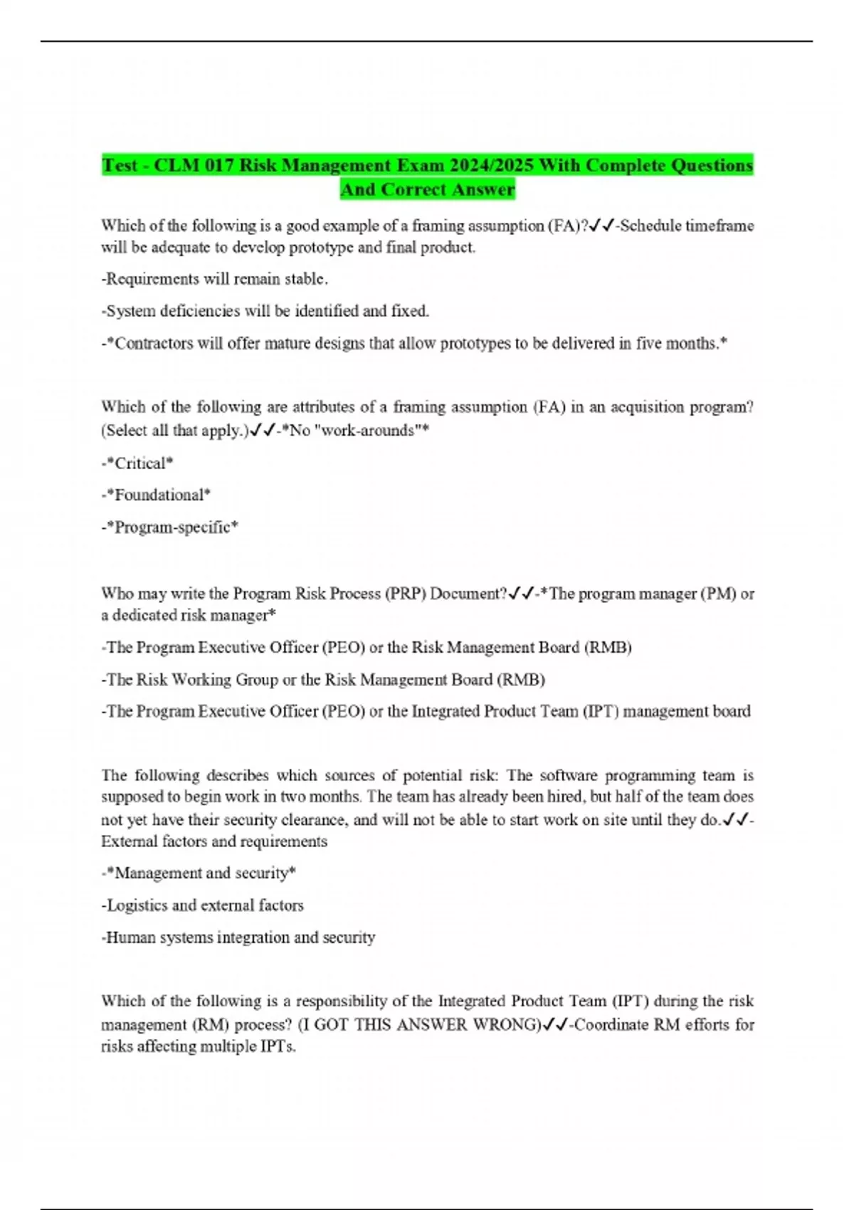 Test - CLM 017 Risk Management Exam 2024/2025 With Complete Questions ...