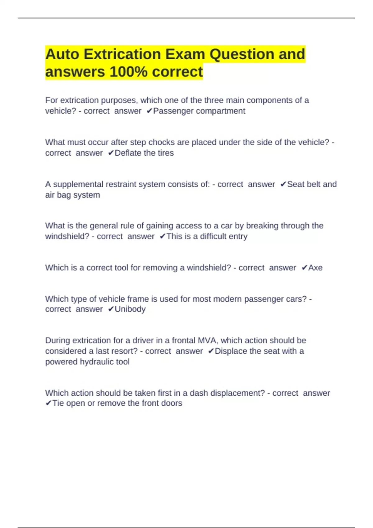 Auto Extrication Exam Question and answers 100% correct - APBI - Stuvia US