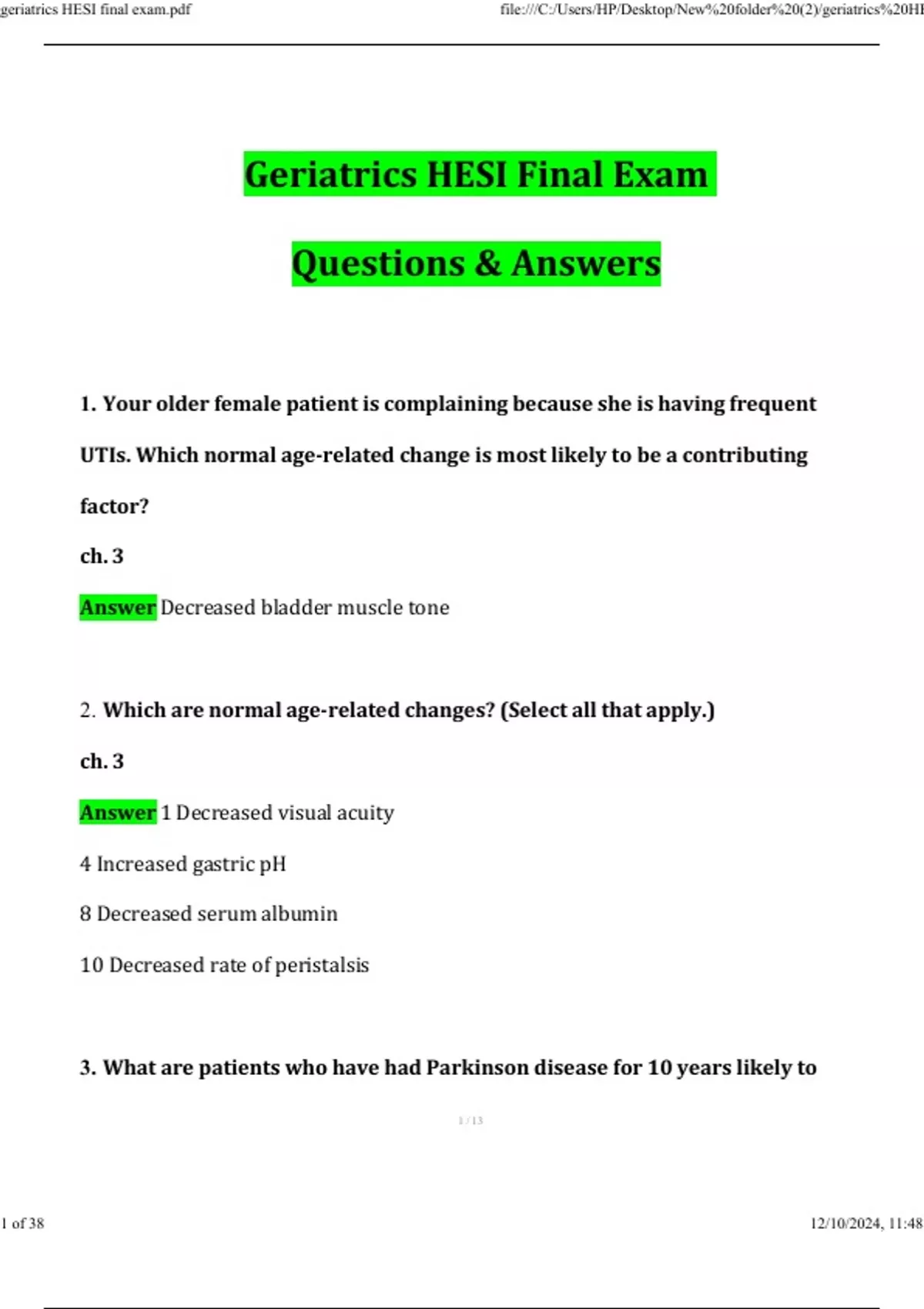 Geriatrics HESI Final Exam Latest 2026 Questions and Answers (2026 / ...