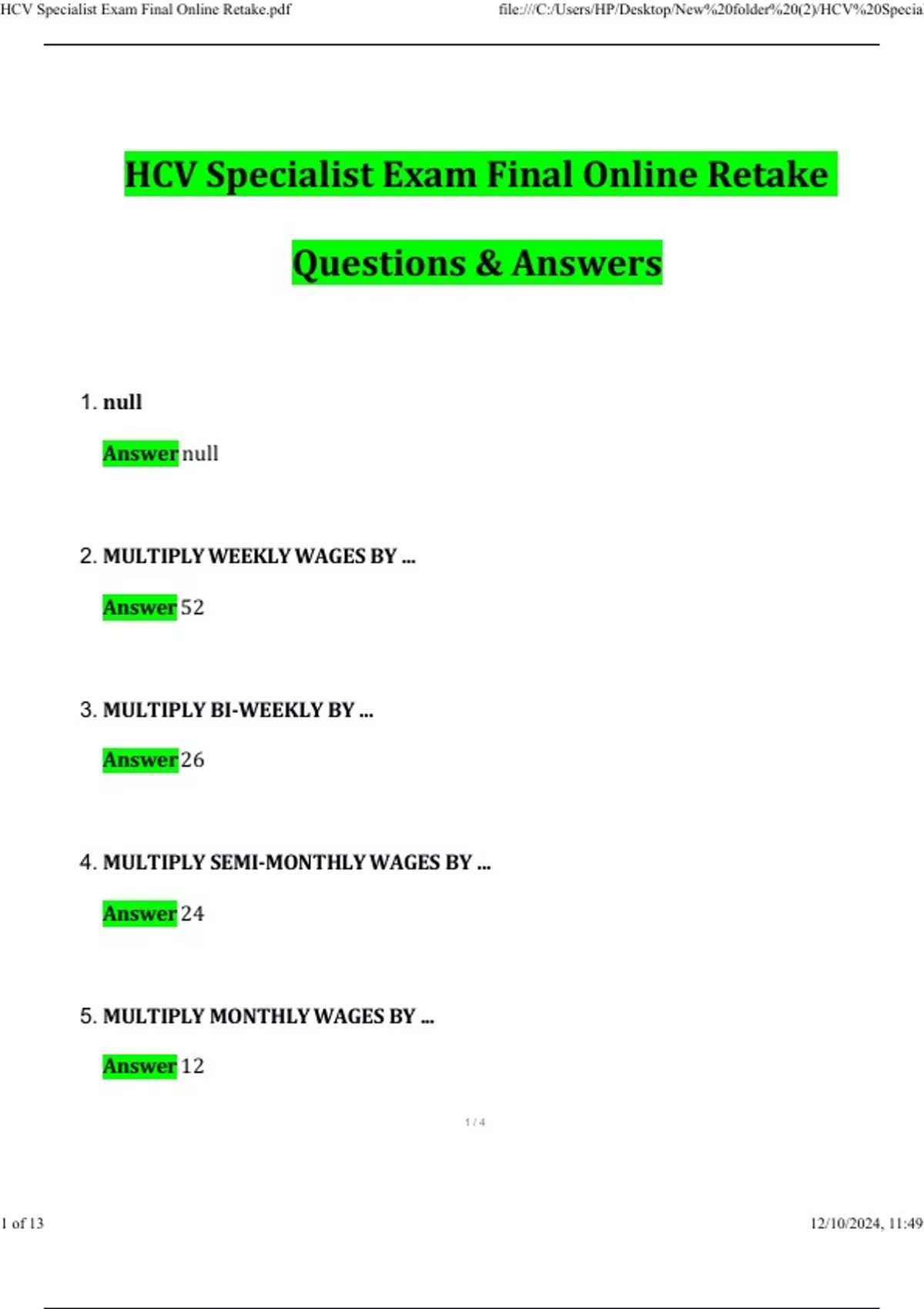 HCV Specialist Exam Final Online Retake Latest 2025 Questions and ...