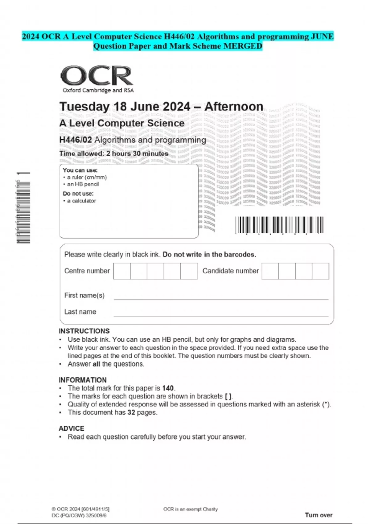 2024 Ocr A Level Computer Science H44602 Algorithms And Programming June Question Paper And