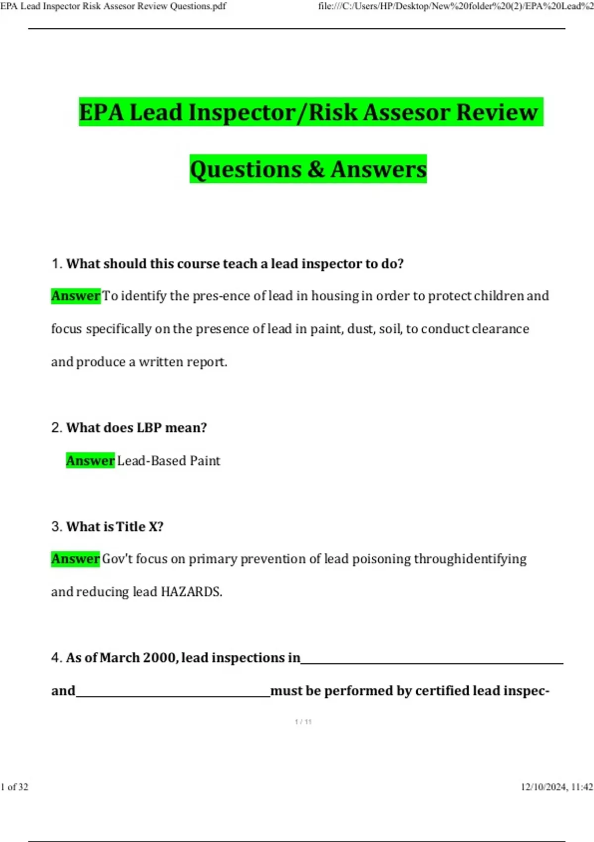 EPA Lead Inspector Risk Assessor Review Questions Latest 2025 Questions ...