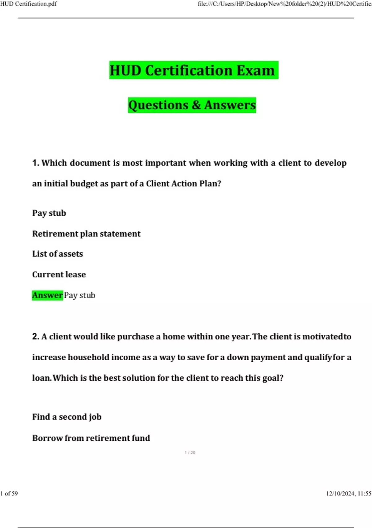 HUD Certification Exam 2025 Questions and Answers (2025 / 2026 ...