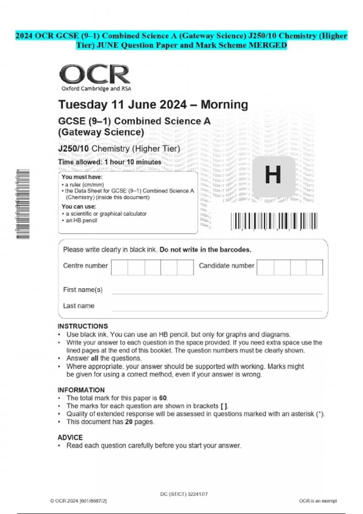 2024 OCR GCSE (9–1) Combined Science A (Gateway Science) J250/10 ...