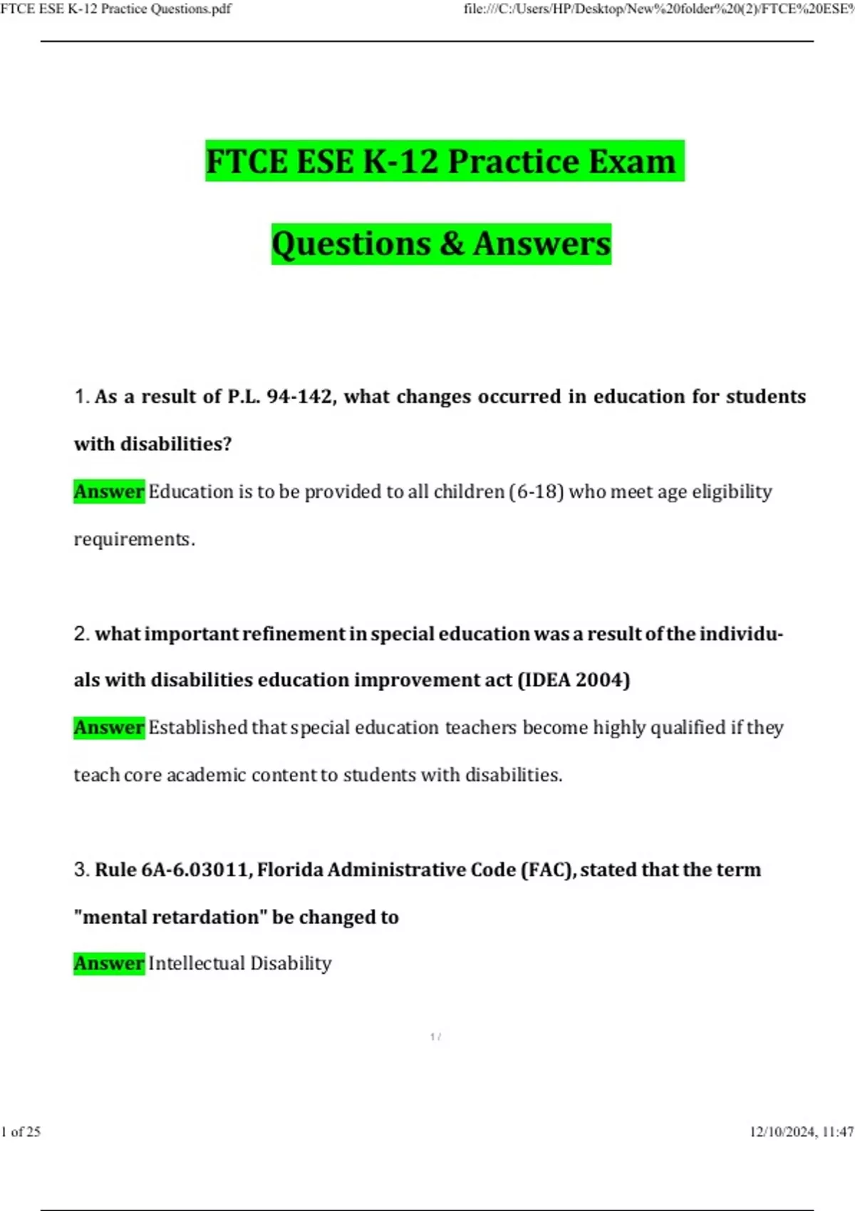 FTCE ESE K-12 Practice Exam Latest 2025 Questions and Answers (2025 / ...