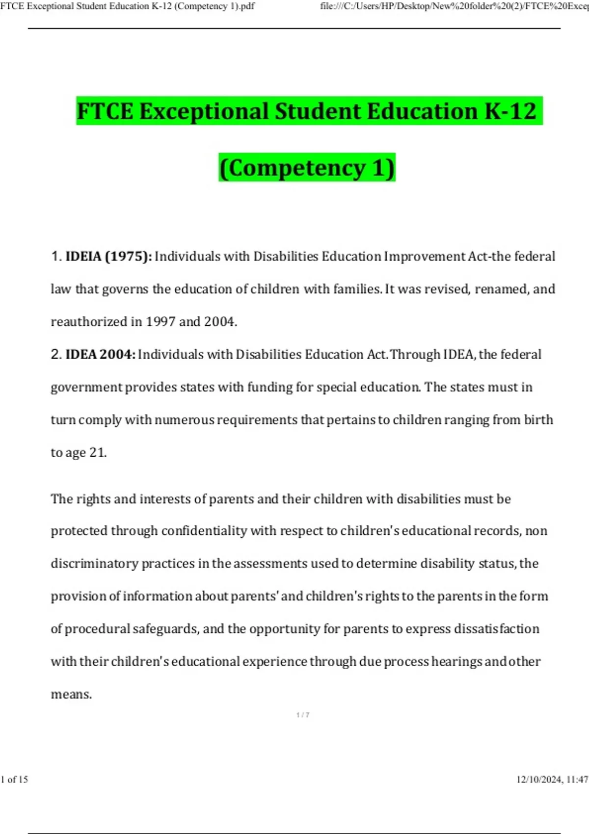 FTCE Exceptional Student Education K-12 (Competency 1) Latest 2025 ...