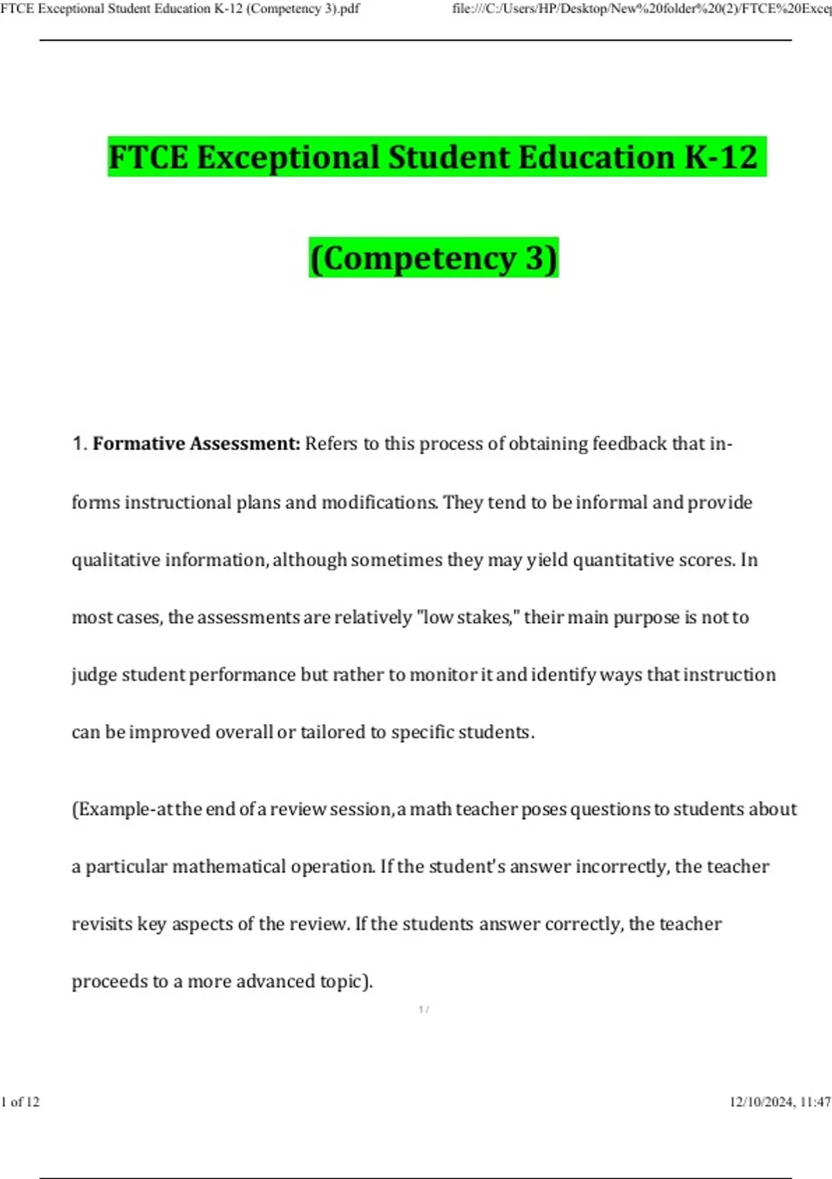 FTCE Exceptional Student Education K-12 (Competency 3) Latest 2025 ...
