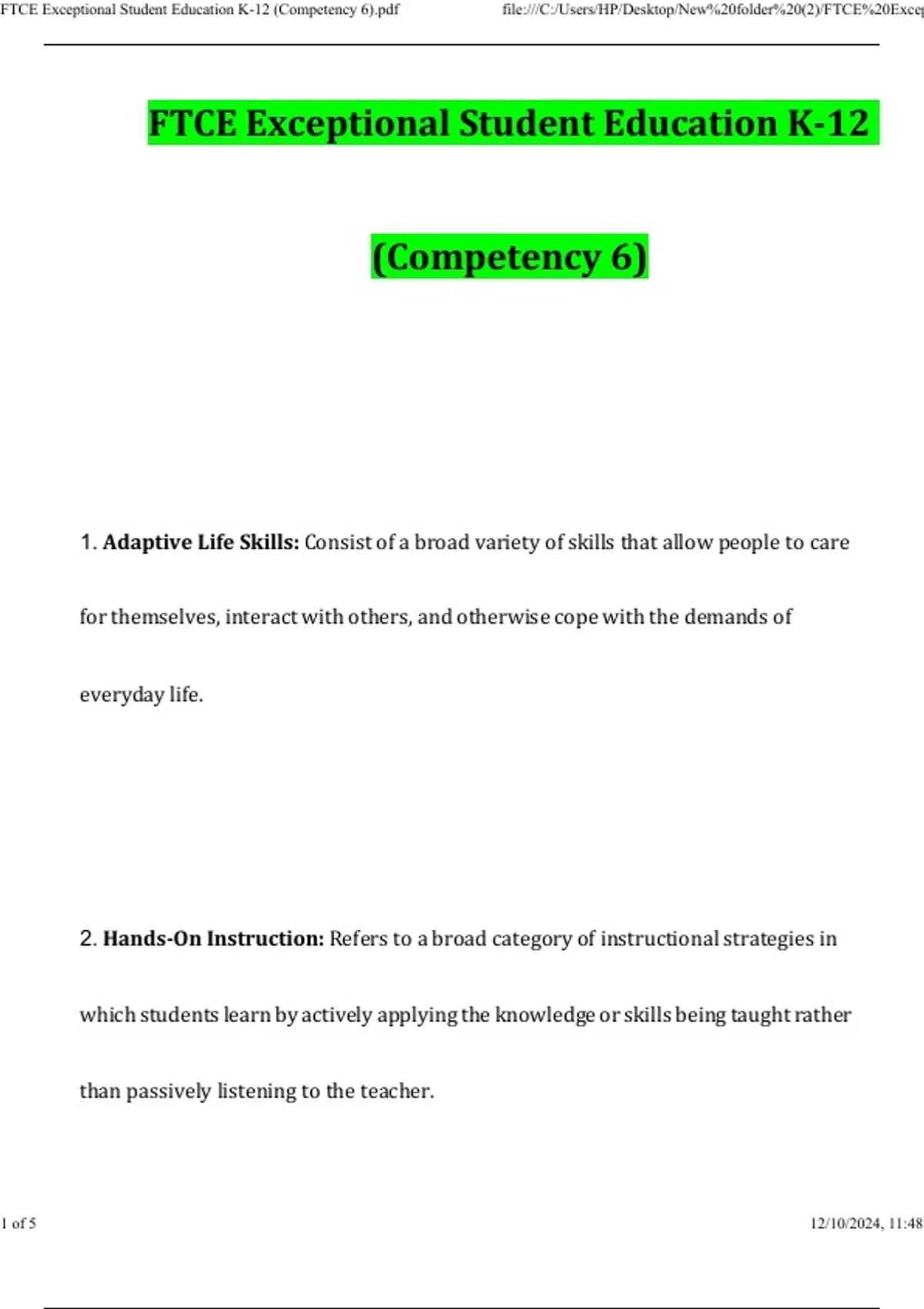 FTCE Exceptional Student Education K-12 (Competency 6) Latest 2025 ...
