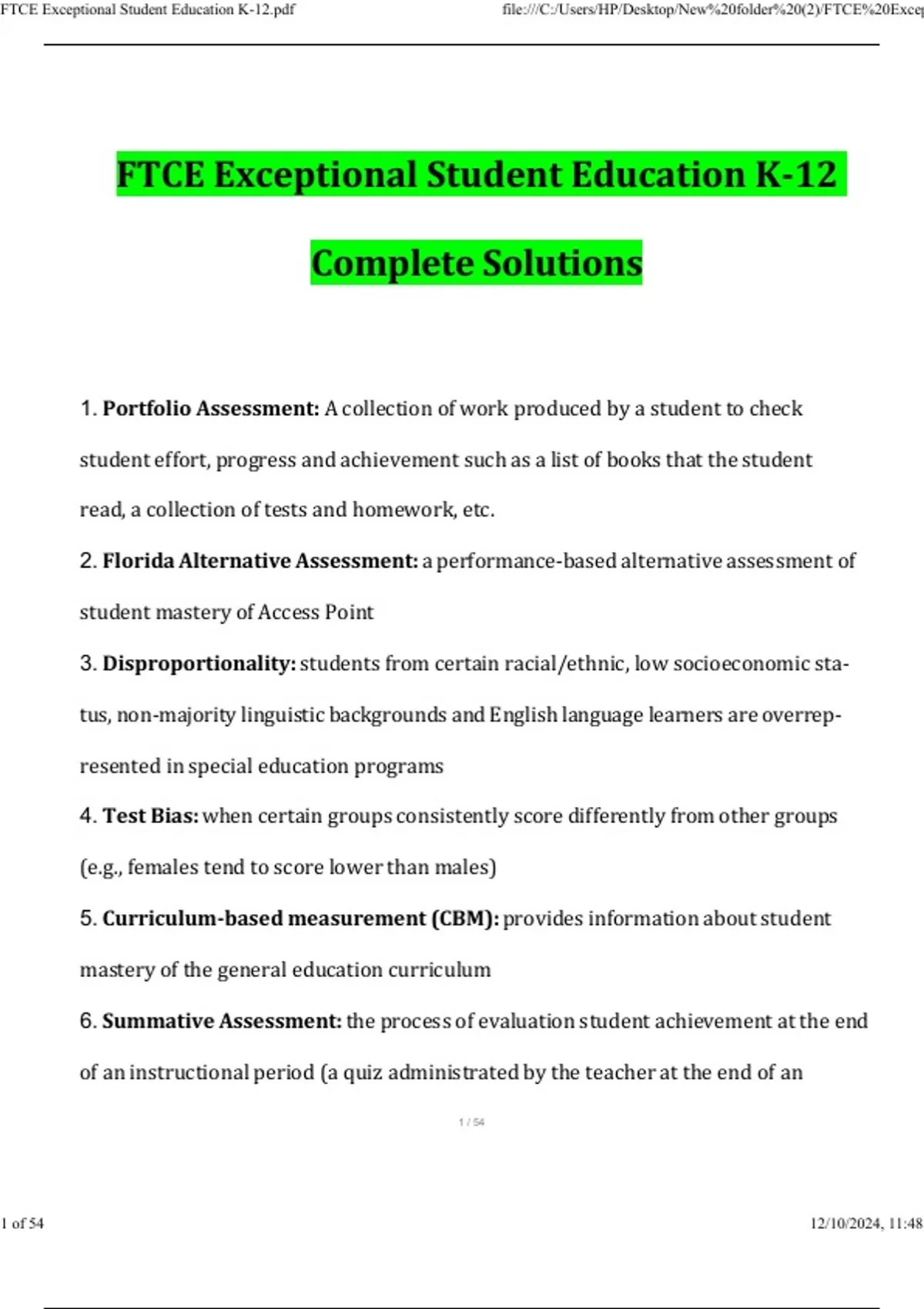 FTCE Exceptional Student Education K-12 (2025) Questions and Answers (2025 / 2026) (Verified ...