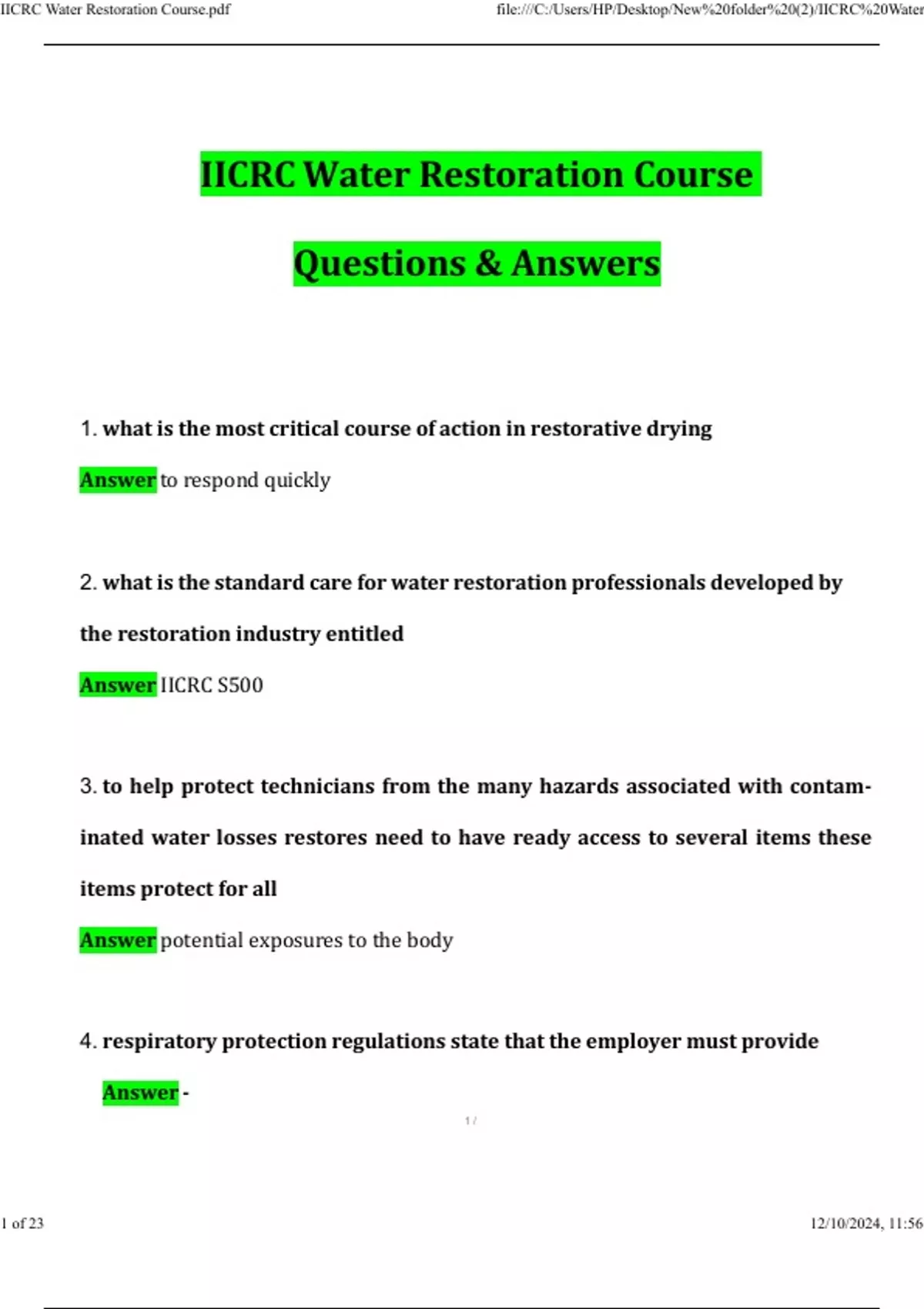 IICRC Water Restoration Course Exam 2025 Questions and Answers (2025 / ...