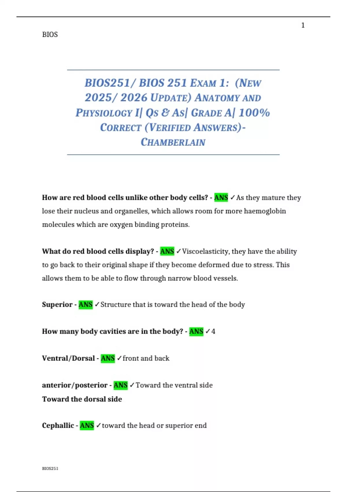BIOS251/ BIOS 251 EXAM 1: (NEW 2025/ 2026 UPDATE) ANATOMY AND ...