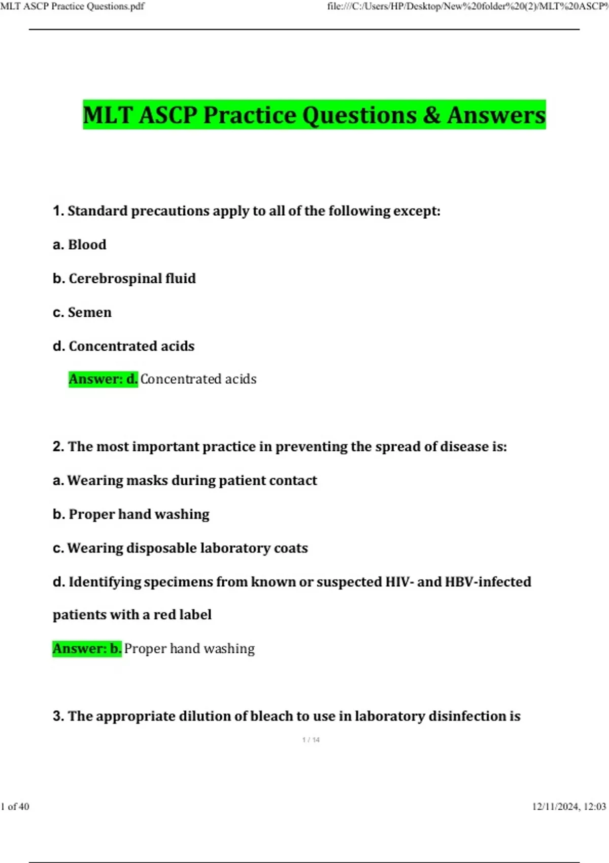 MLT ASCP Practice Exam 2025 Questions and Answers (2025 / 2026 ...