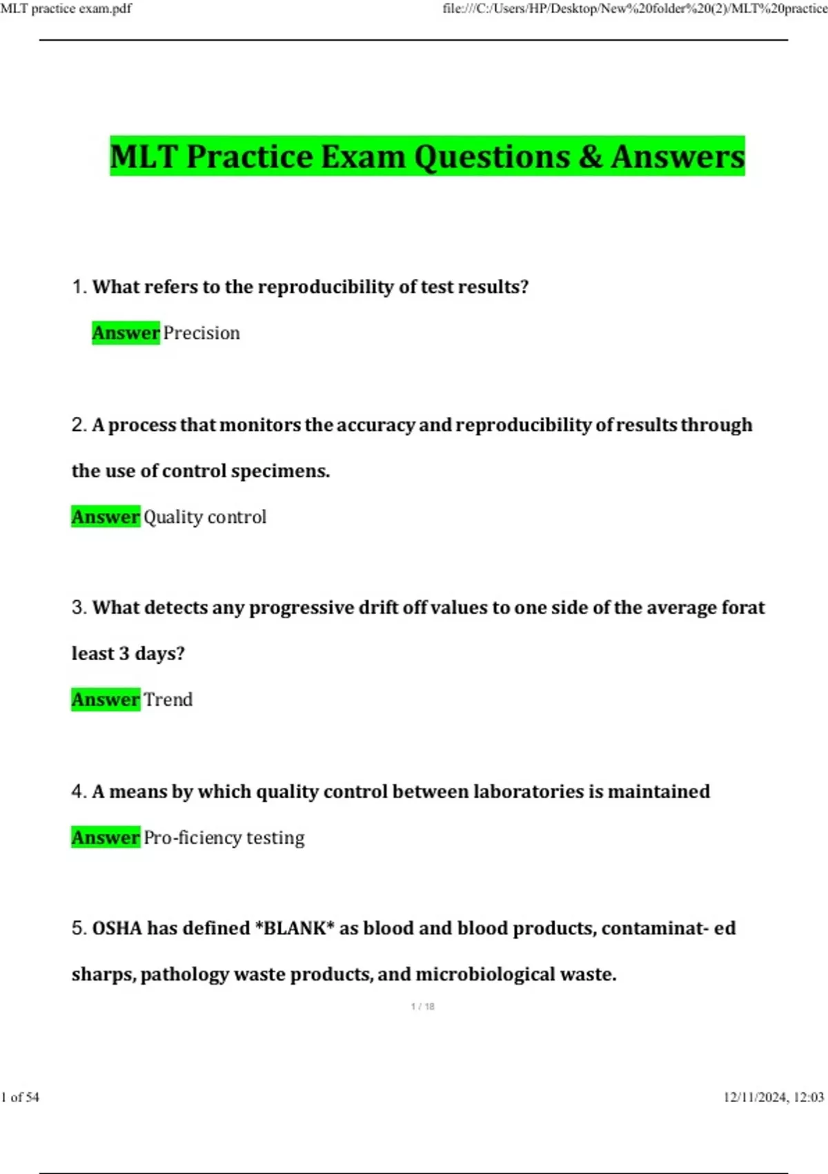 MLT ASCP Practice Exam 2025 Questions and Answers (2025 / 2026 ...