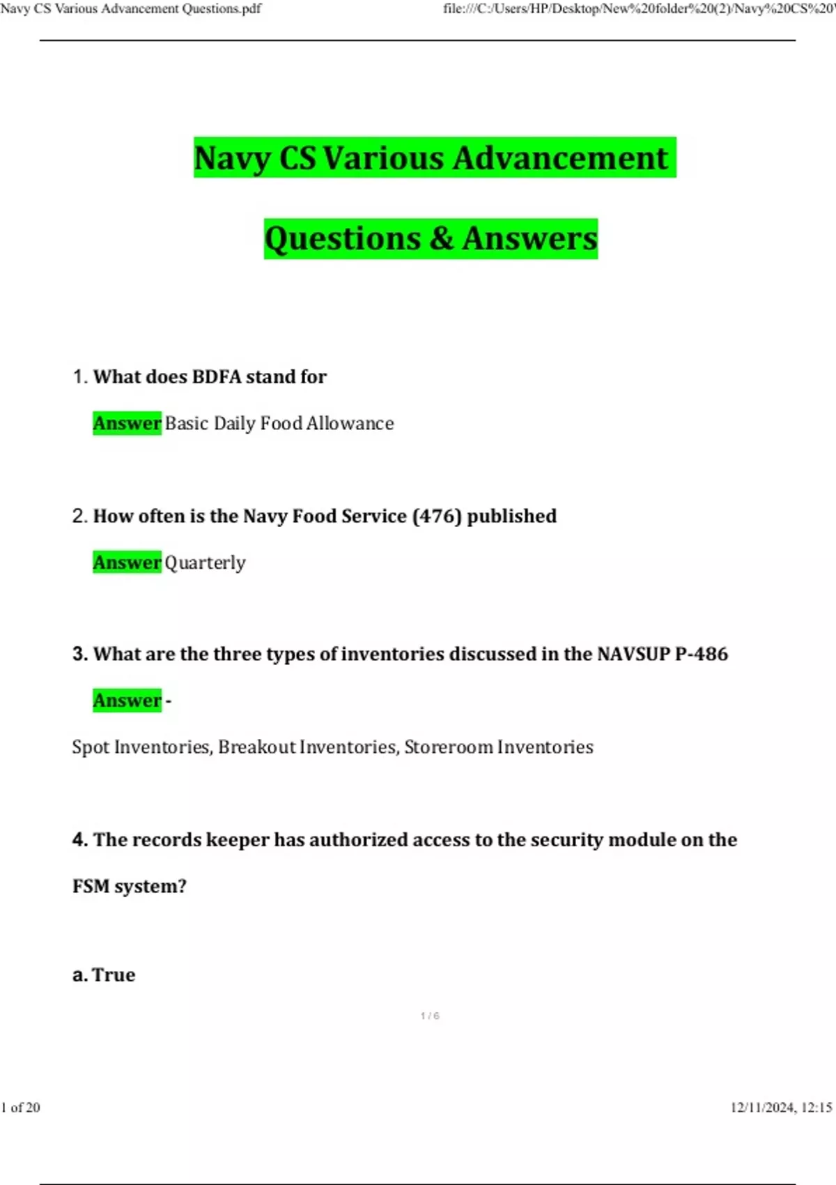 Navy CS Various Advancement Exam 2025 Questions and Answers (2025 / 2026) (Verified Answers ...