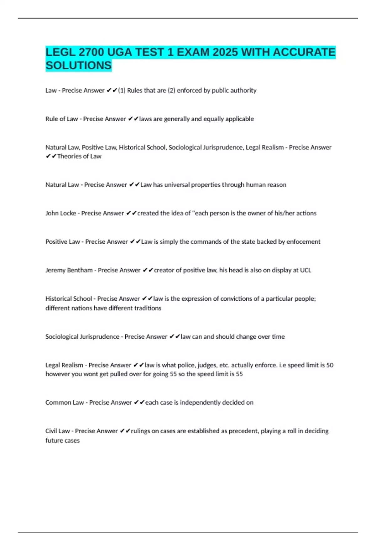 LEGL 2700 UGA TEST 1 EXAM 2025 WITH ACCURATE SOLUTIONS - LEGL 2700 UGA ...