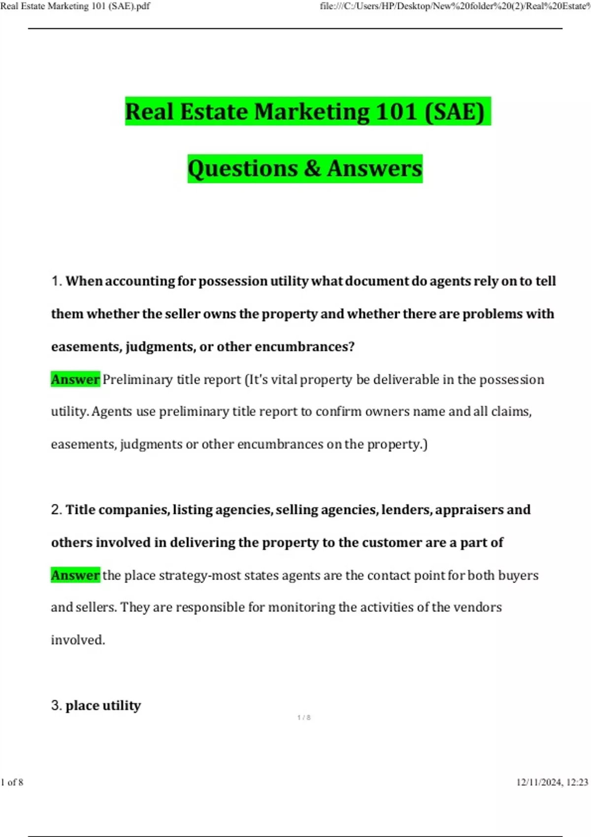 Real Estate Marketing 101 (SAE) Exam 2025 Questions and Answers (2025 / ...