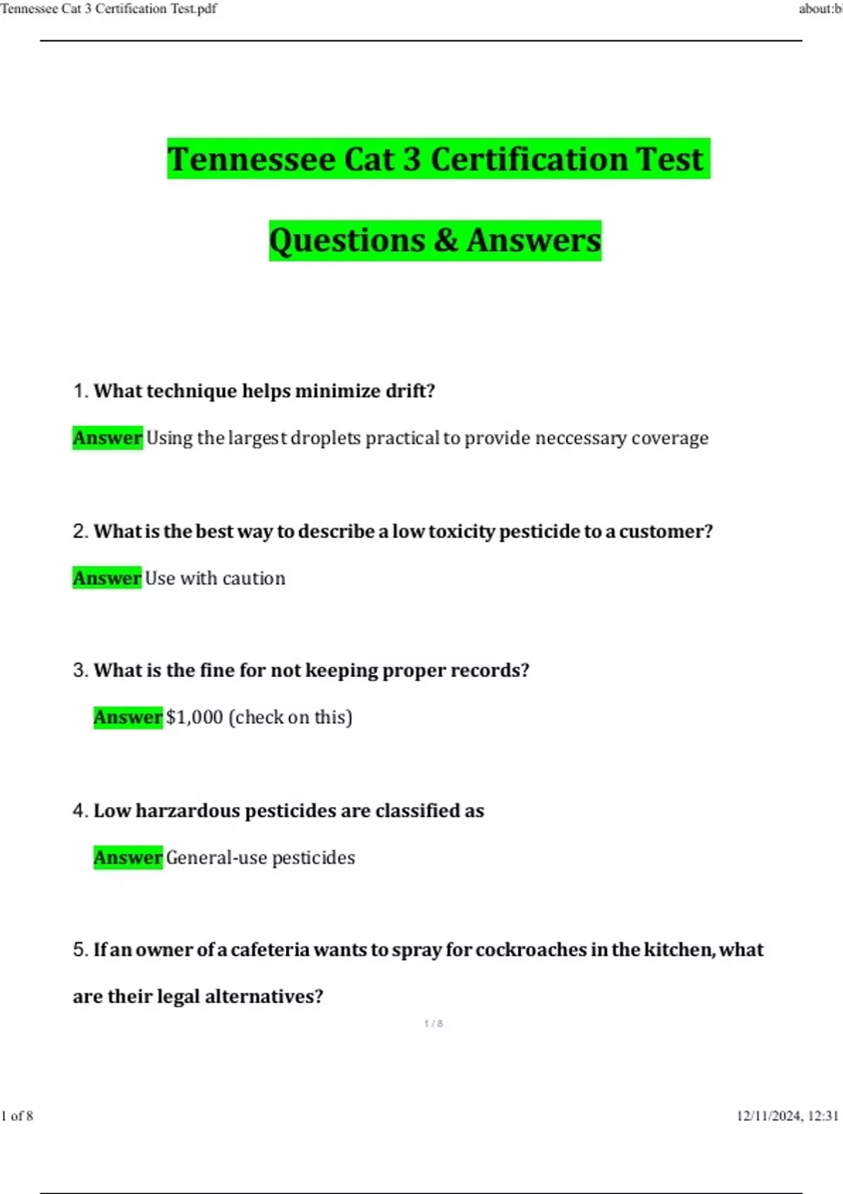 Tennessee Cat 3 Certification Test 2025 Questions and Answers (2025 / ...