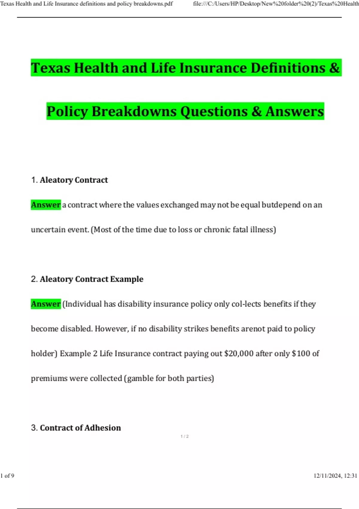 Texas Health and Life Insurance definitions and policy breakdowns 2025 ...