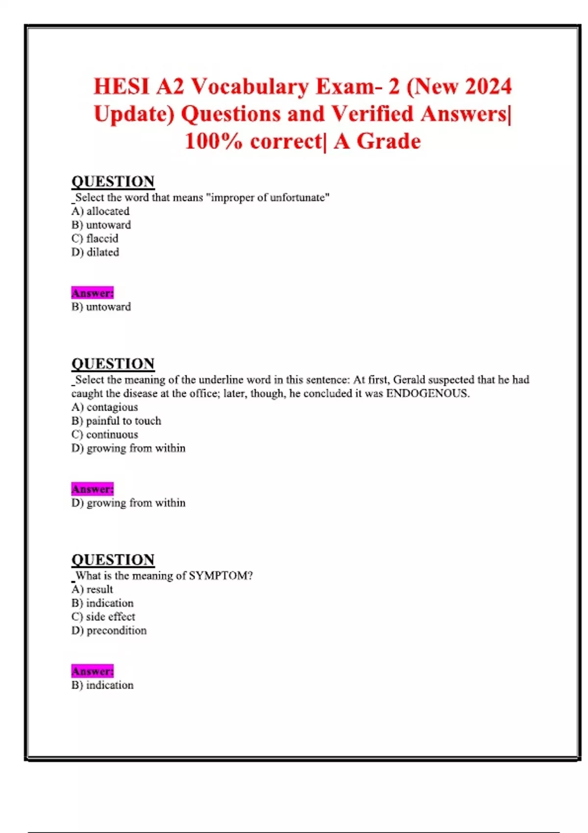HESI A2 Vocabulary Exam- 2 (New 2024 Update) Questions and Verified ...