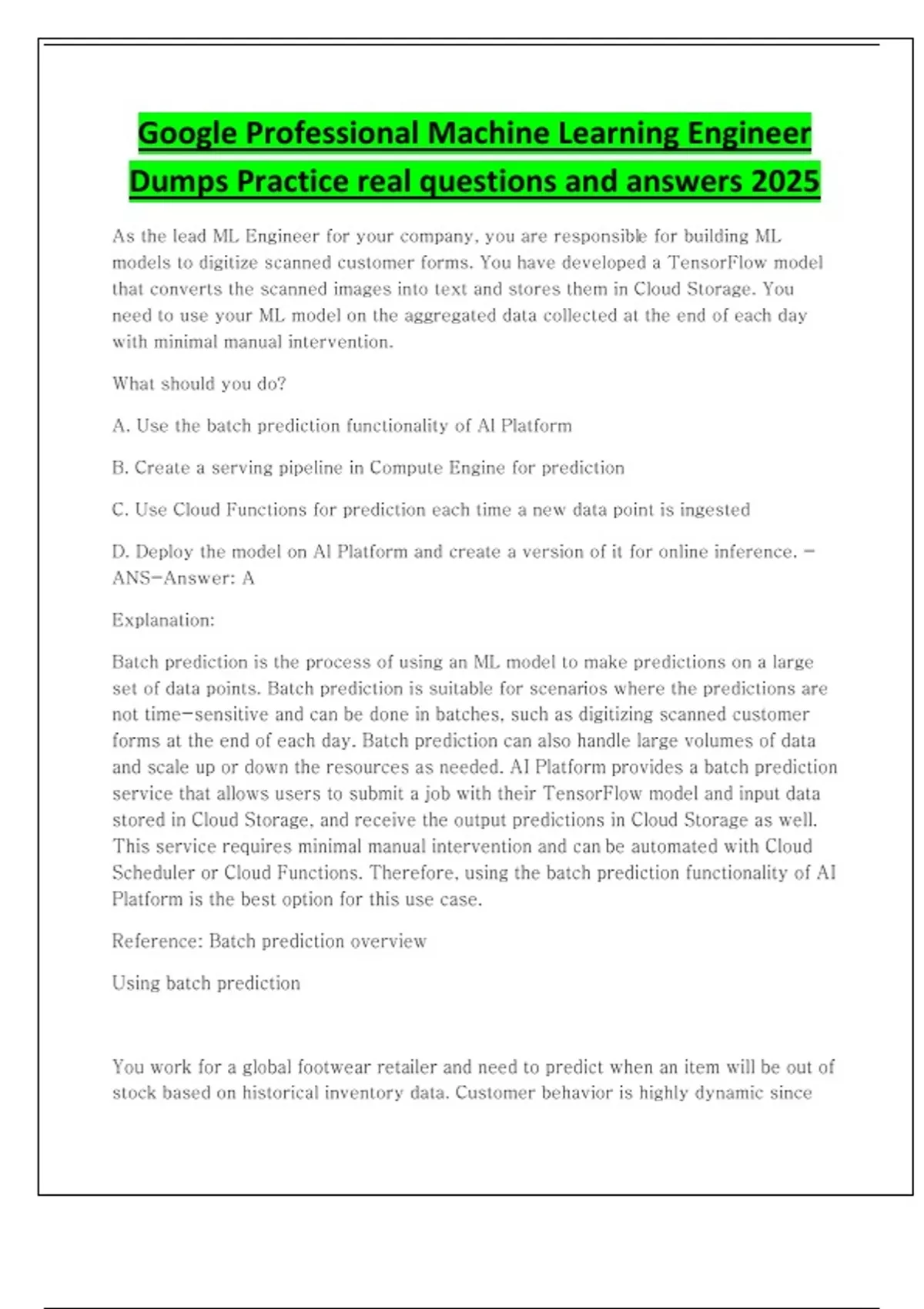 Google Professional Machine Learning Engineer Practice real questions and answers 2025 - Google ...