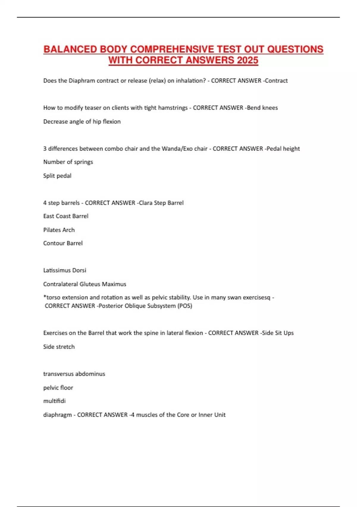 BALANCED BODY COMPREHENSIVE TEST OUT QUESTIONS WITH CORRECT ANSWERS ...