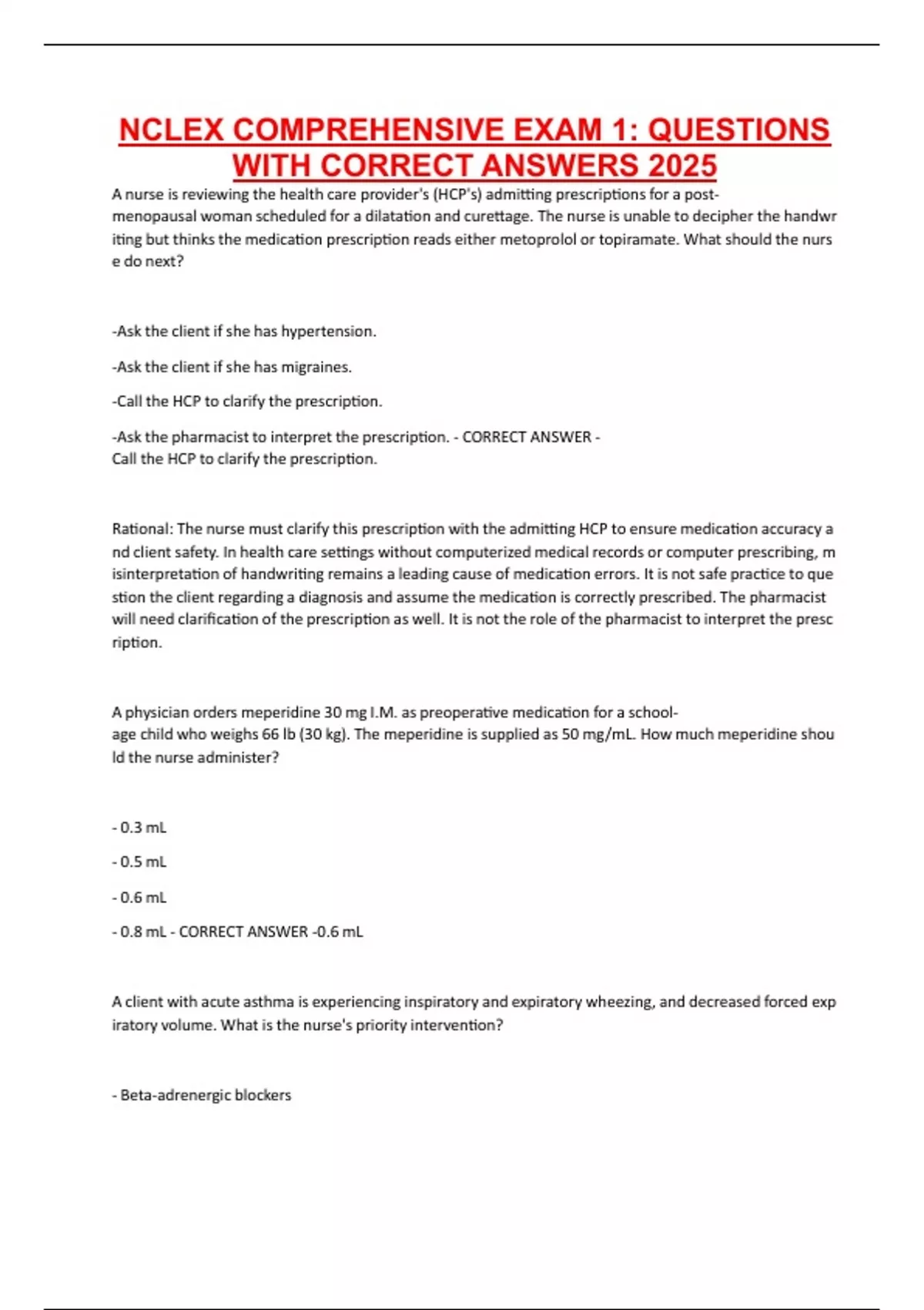 NCLEX COMPREHENSIVE EXAM 1 QUESTIONS WITH CORRECT ANSWERS 2025 ...