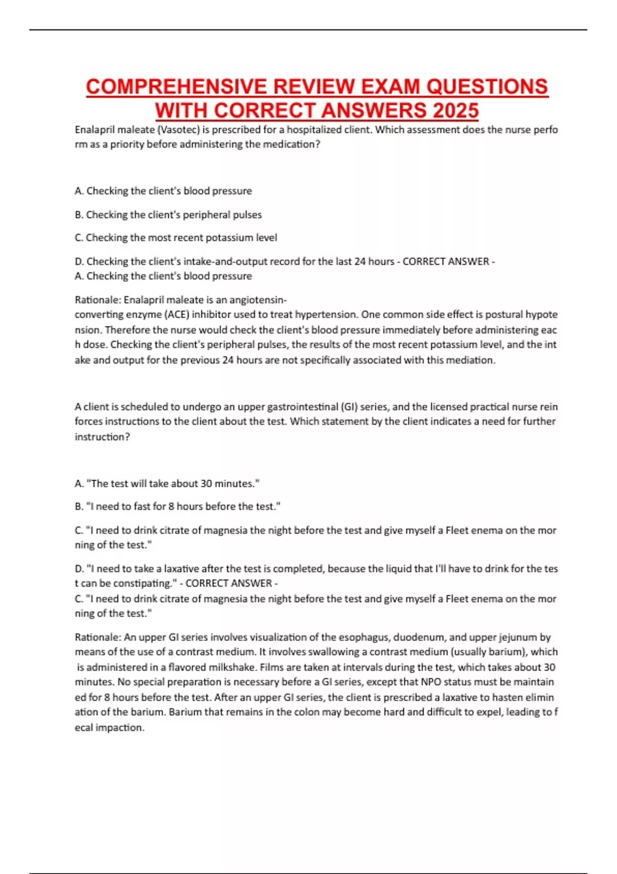 COMPREHENSIVE REVIEW EXAM QUESTIONS WITH CORRECT ANSWERS 2025 ...