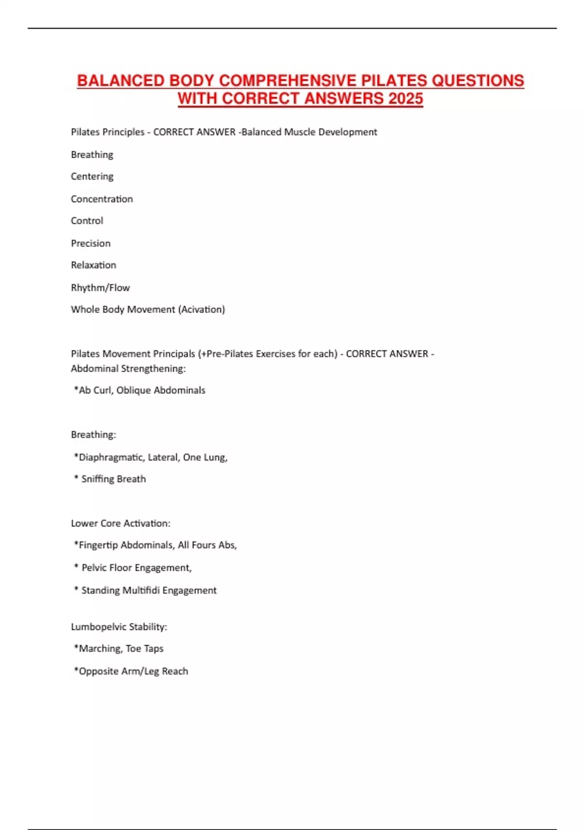 BALANCED BODY COMPREHENSIVE PILATES QUESTIONS WITH CORRECT ANSWERS 2025 ...