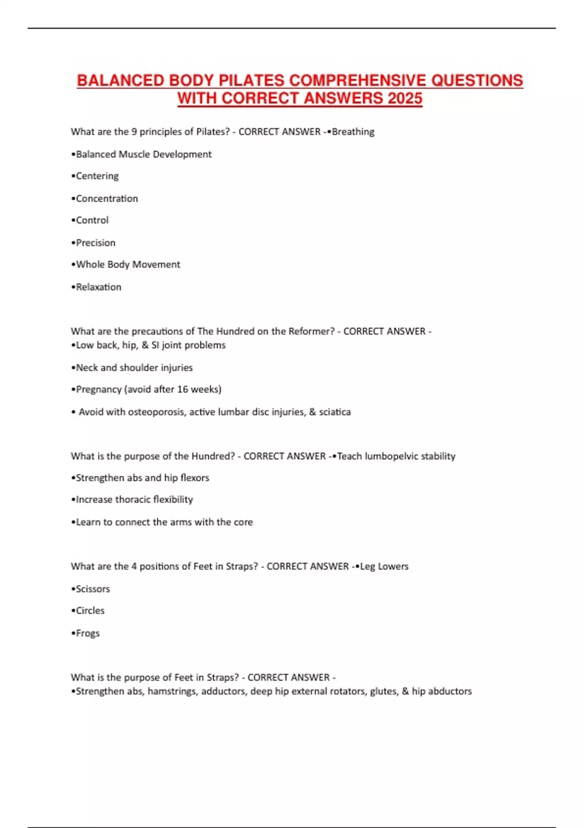 BALANCED BODY PILATES COMPREHENSIVE QUESTIONS WITH CORRECT ANSWERS 2025 ...