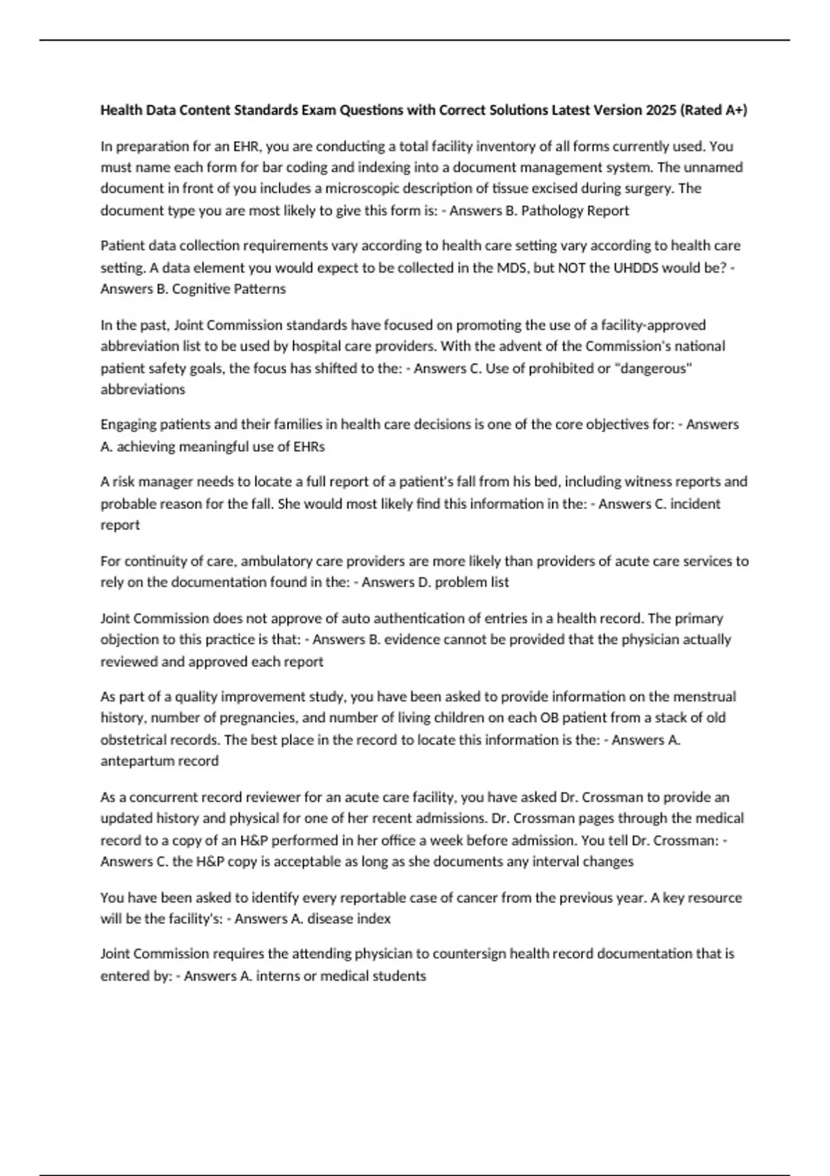 Health Data Content Standards Exam Questions with Correct Solutions ...