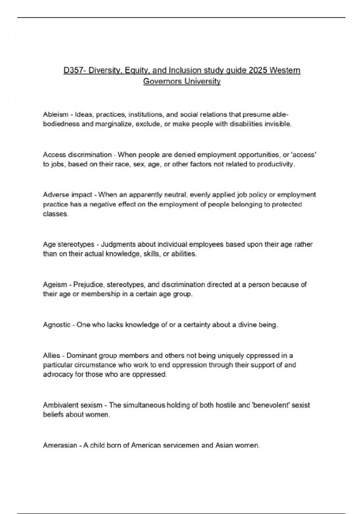 D357- Diversity, Equity, and Inclusion study guide 2025 Western ...