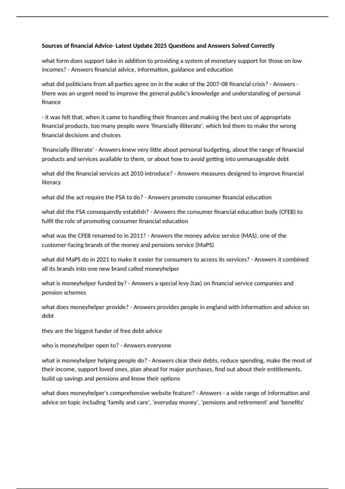 Sources of financial Advice- Latest Update 2025 Questions and Answers ...