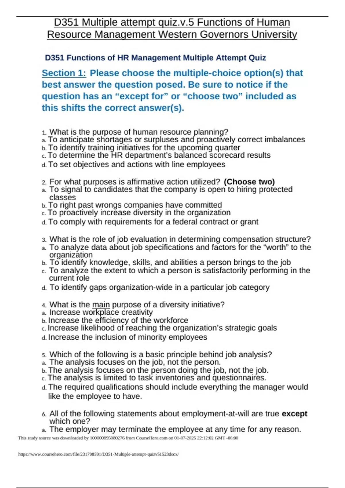 D351 Multiple attempt quiz.v.5 Functions of Human Resource Management ...