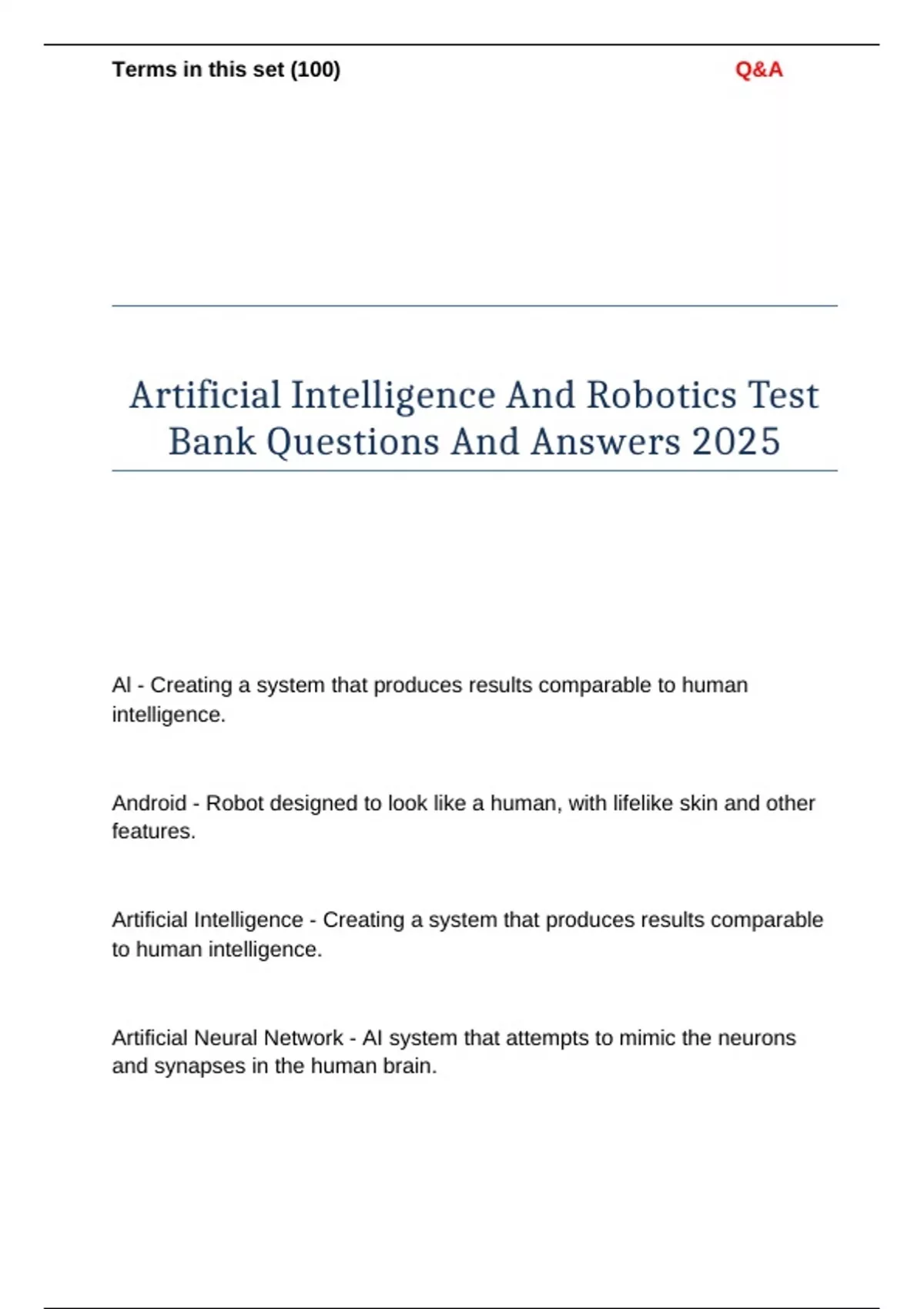 Artificial Intelligence And Robotics Test Bank Questions And Answers ...